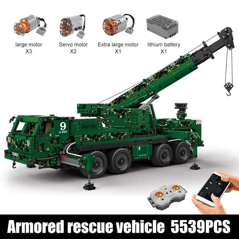 Tech MOC RC Heavy Truck Armored Recovery Crane Toys